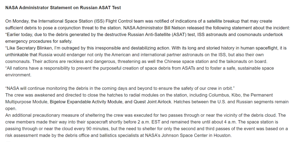 Russian ASAT Test Creates Thousands of Pieces of Space Debris, Imperils ...