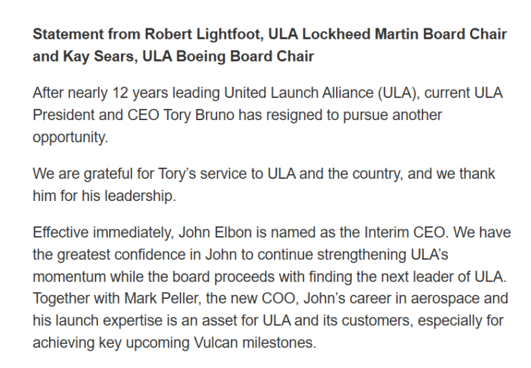 Tory Bruno Leaves ULA, John Elbon Takes Over As Interim CEO ...